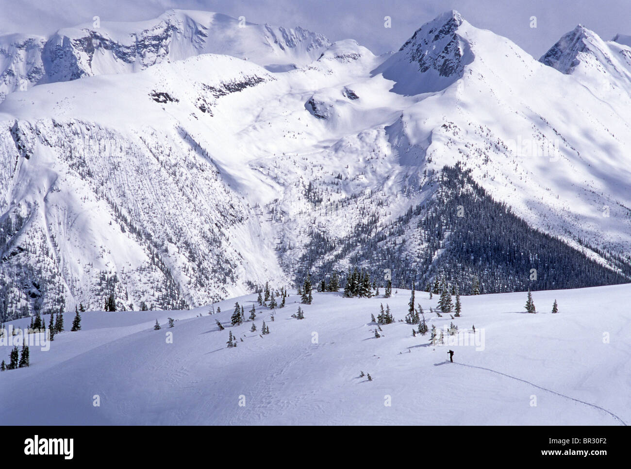 Skier ascending large open slope with peaks behind Stock Photo - Alamy