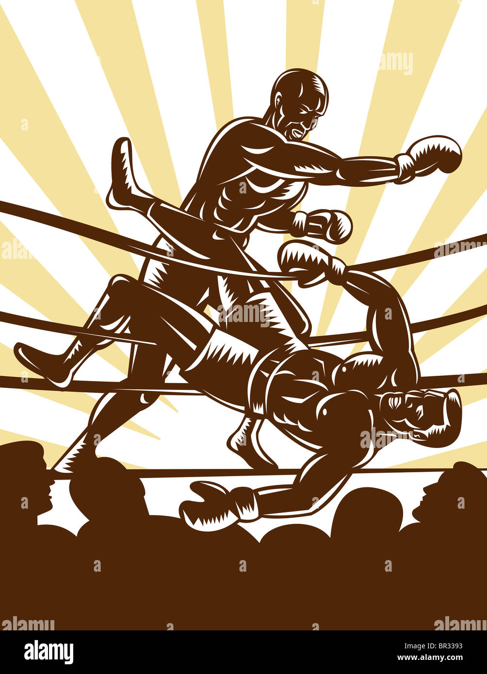 Boxer knocking out opponent out of boxing ring done in woodcut style ...