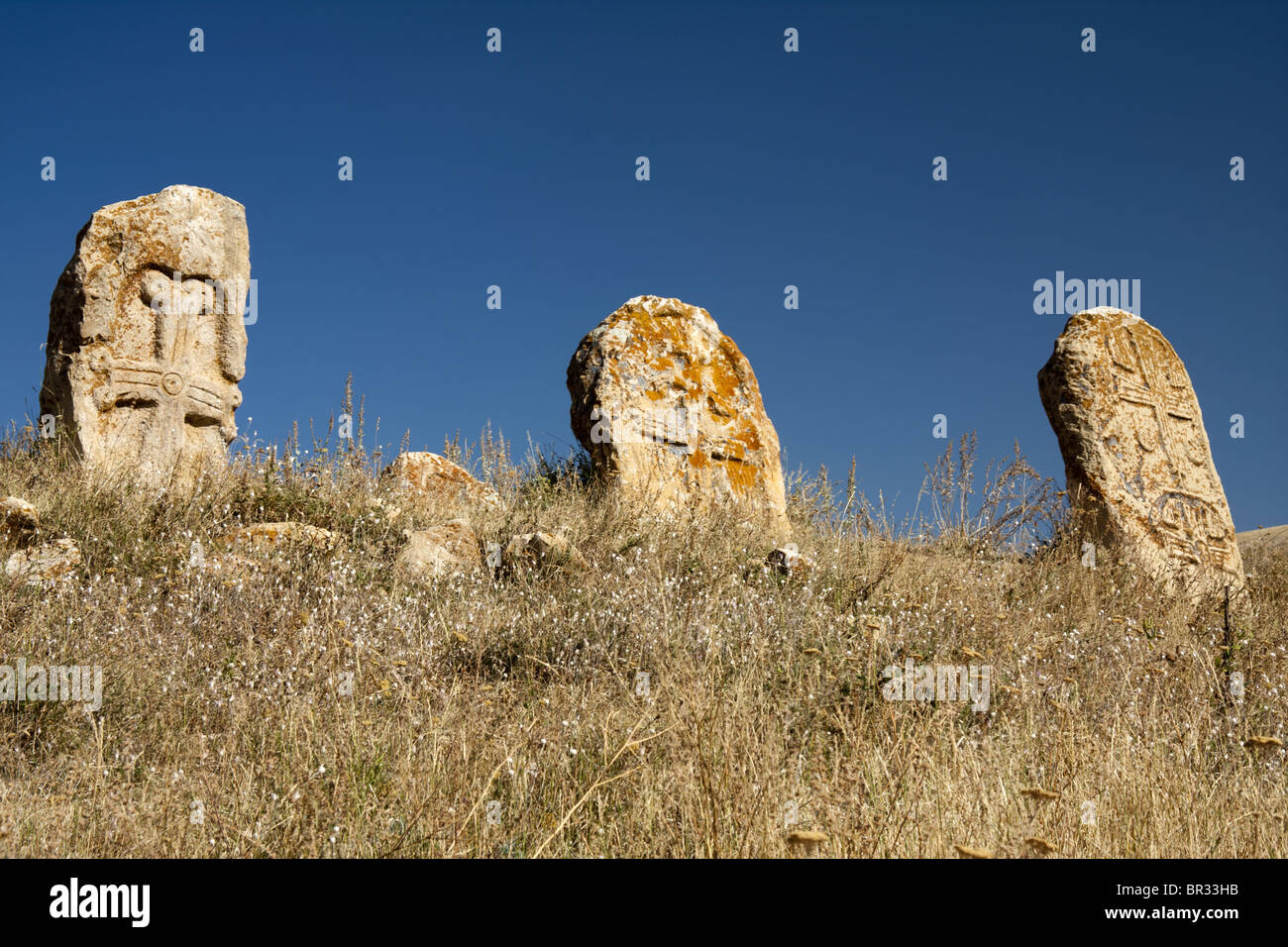 Cross stones in medieval cemetery,Armenia Stock Photo - Alamy
