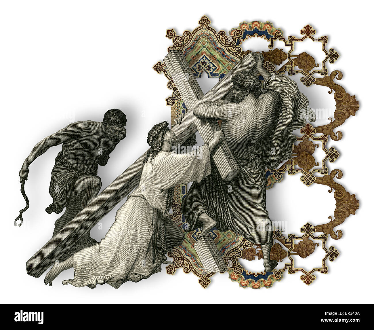 Victorian letter B with Jesus Christ, enfeebled by the weight of the ...