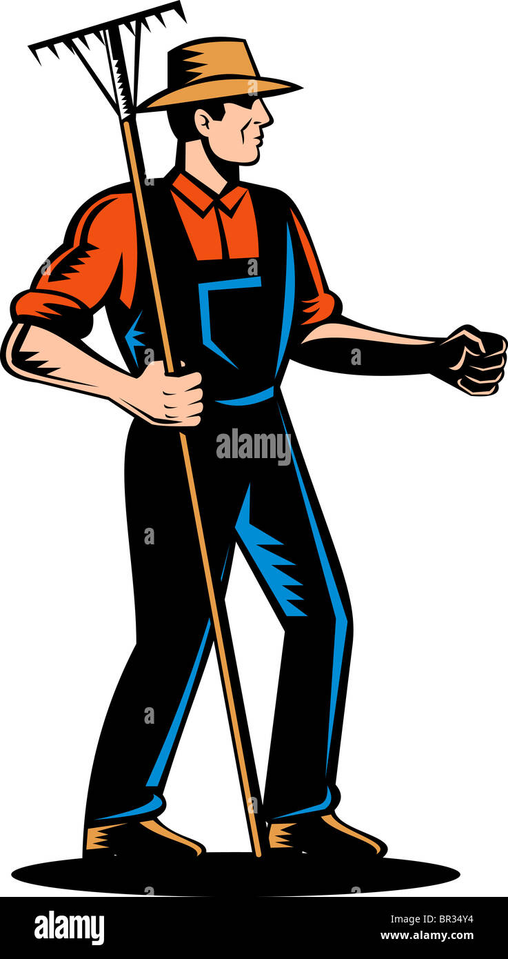 illustration of a Farmer standing to side and holding a rake Stock ...