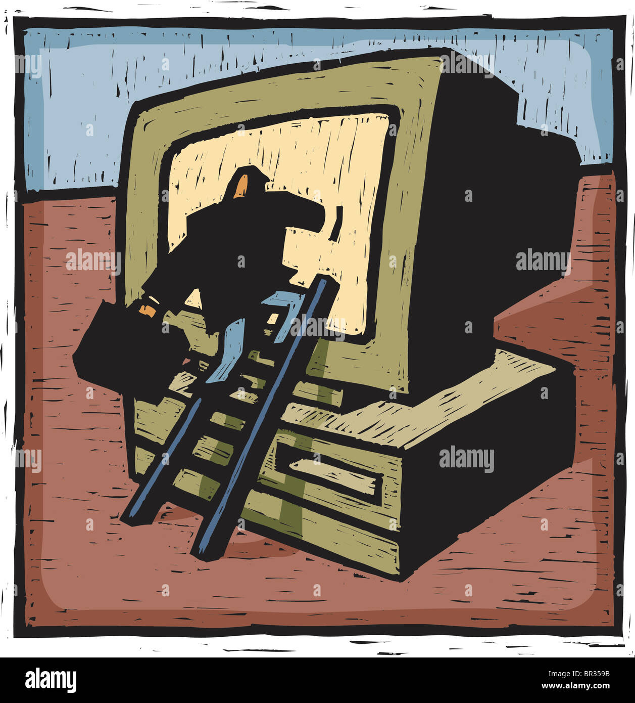 A man climbing into technology with a ladder Stock Photo - Alamy