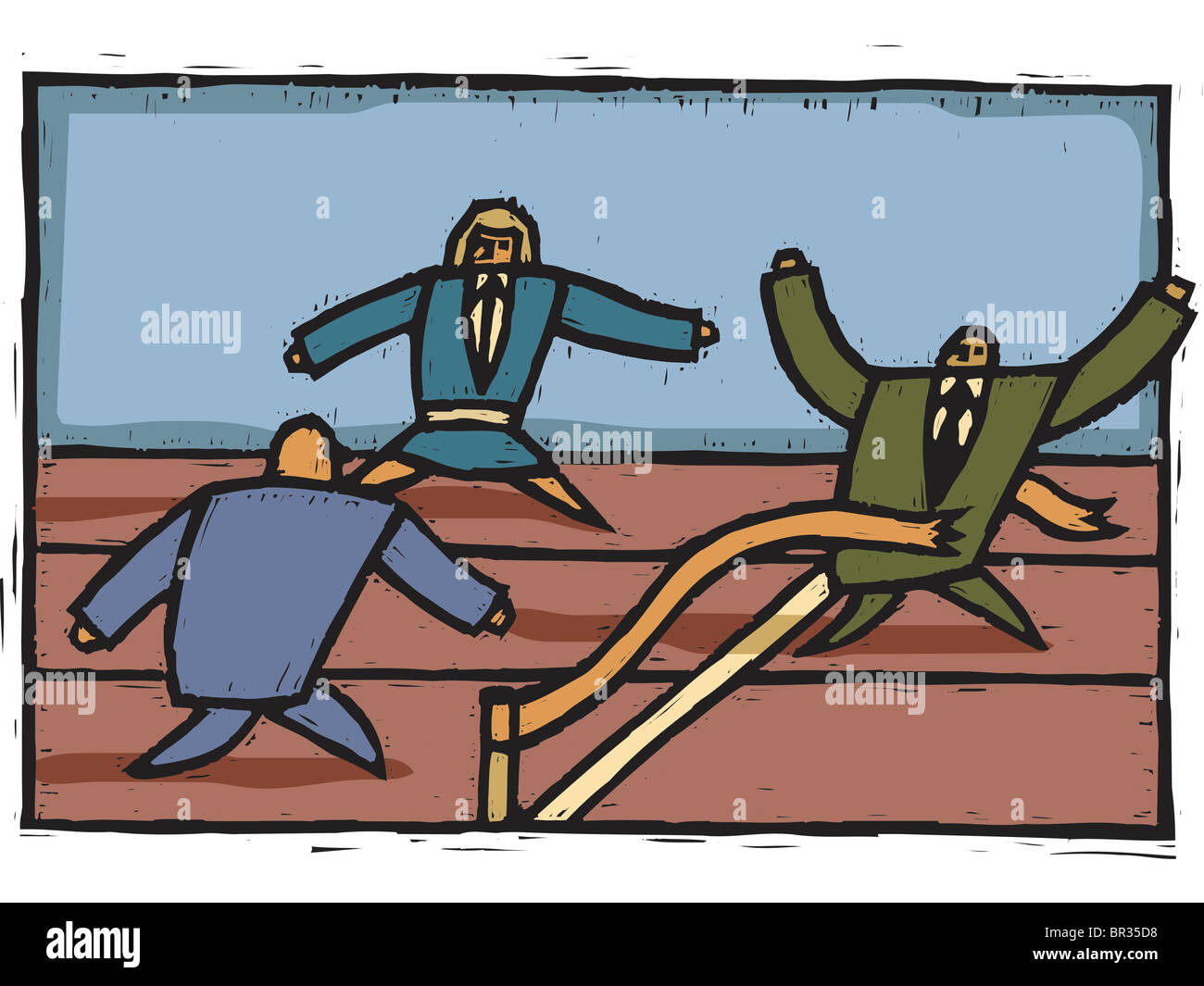 The first place winner running through the ribbon at the finishing line ...