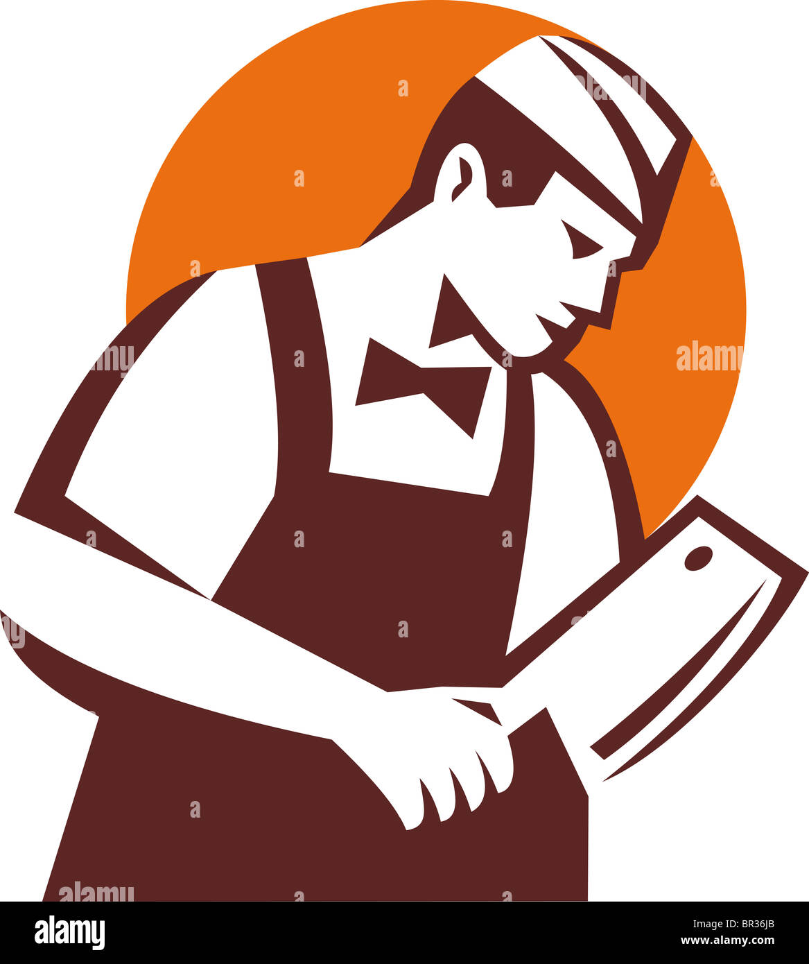 illustration of a Butcher cutter holding meat cleaver knife facing side ...