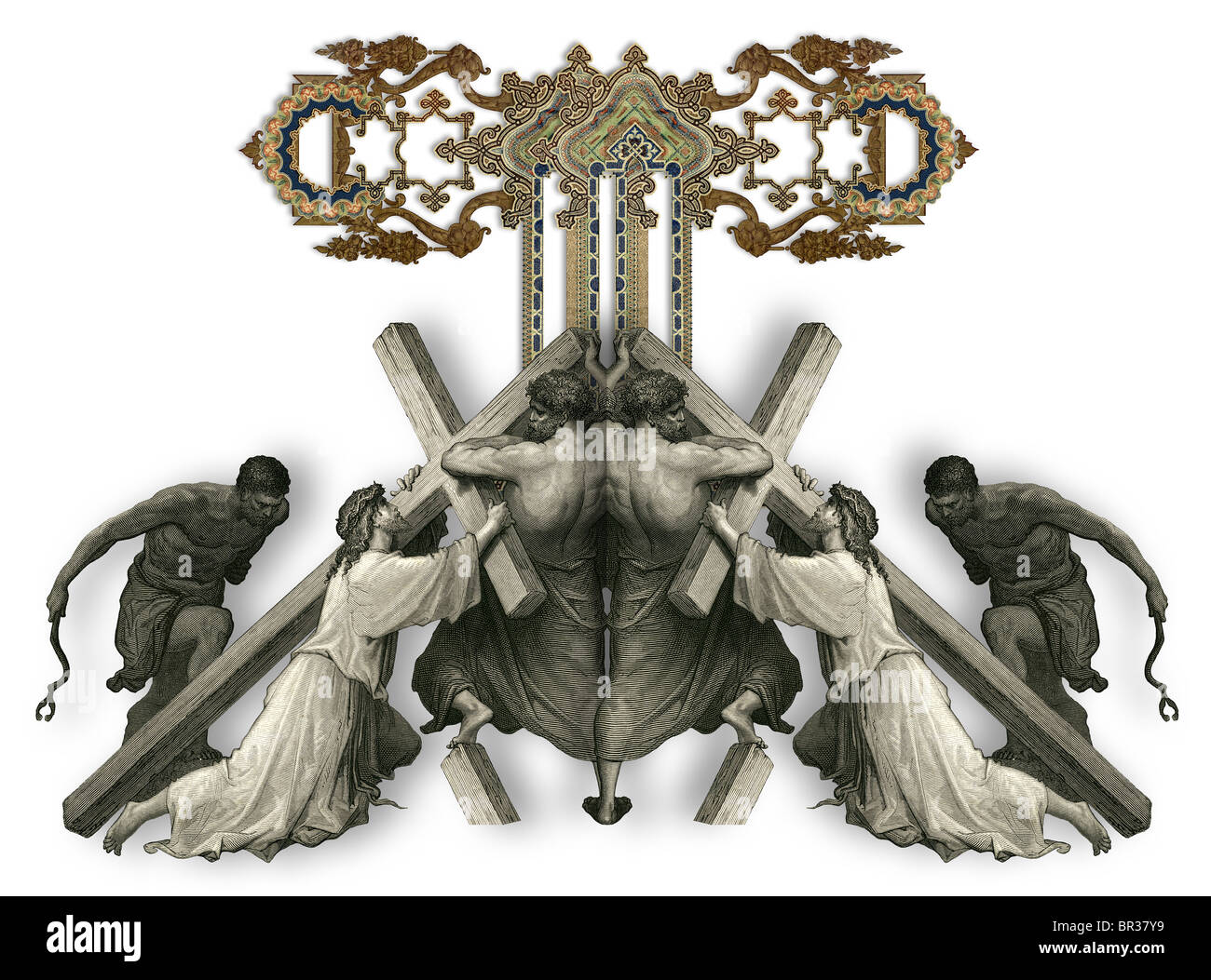 Victorian letter T with Jesus Christ, enfeebled by the weight of the ...