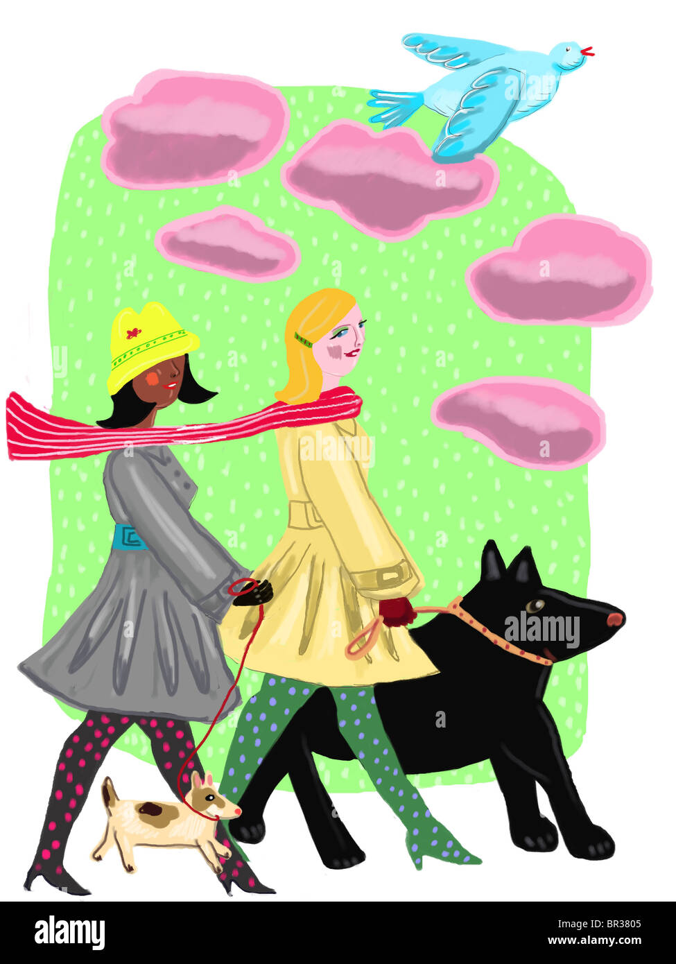 Illustration women walking two dogs hi-res stock photography and images ...