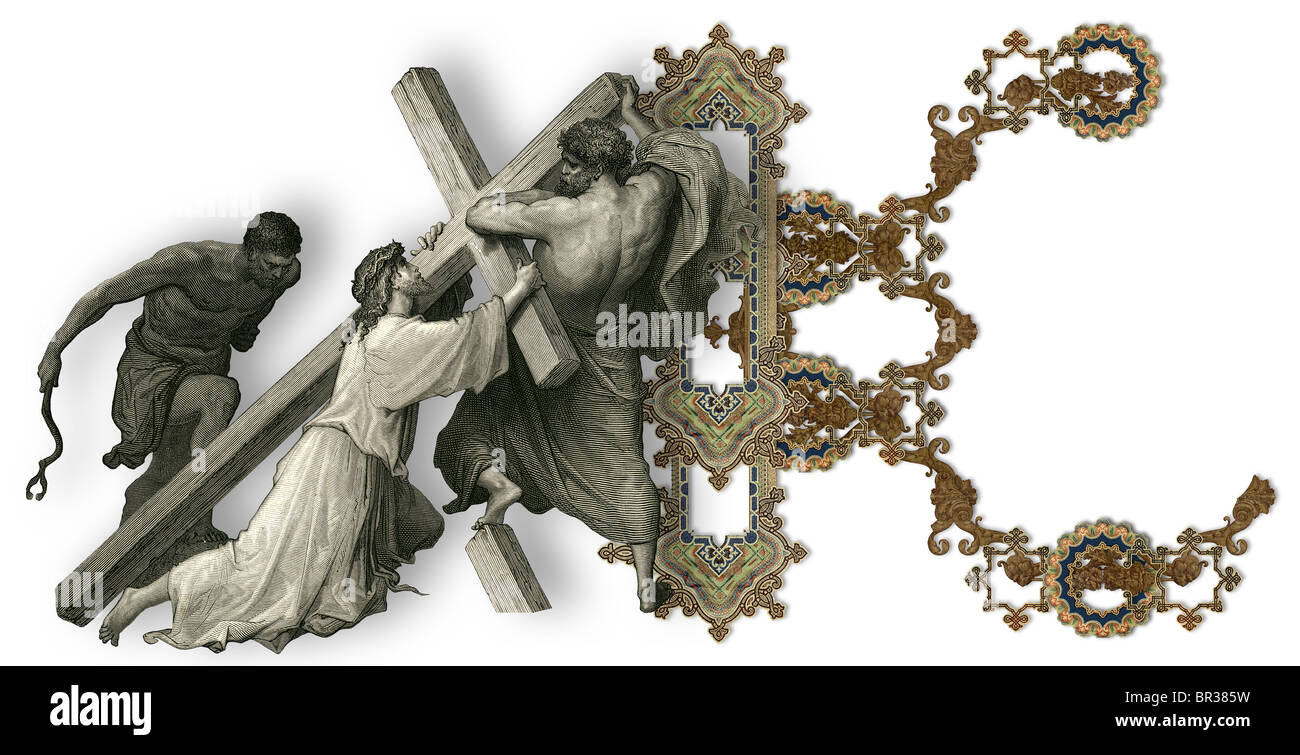 Victorian letter K with Jesus Christ, enfeebled by the weight of the ...