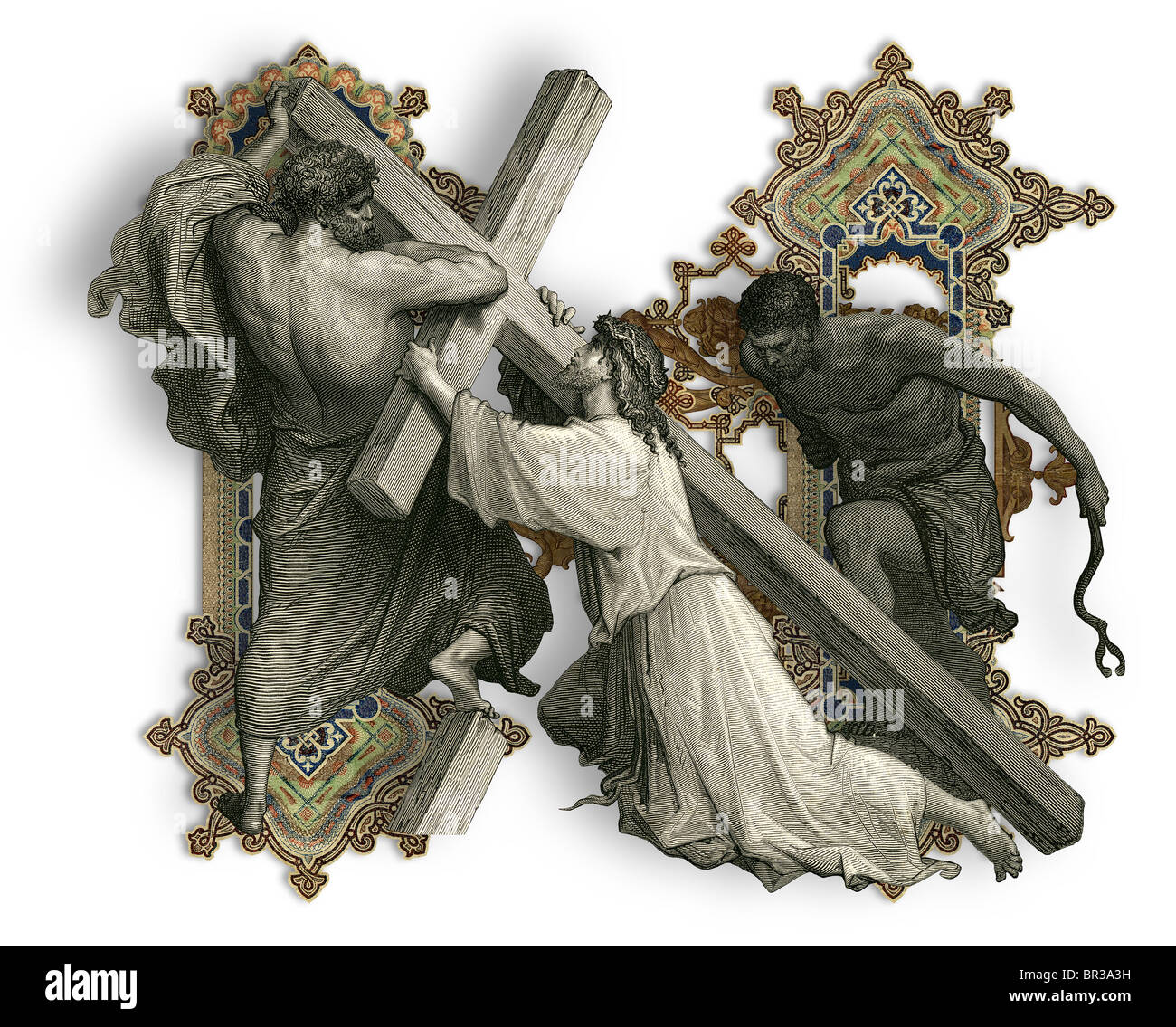 Victorian letter N with Jesus Christ, enfeebled by the weight of the ...