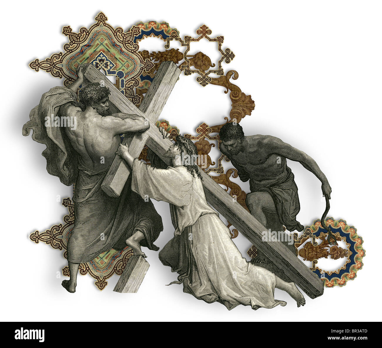 Victorian letter R with Jesus Christ, enfeebled by the weight of the ...