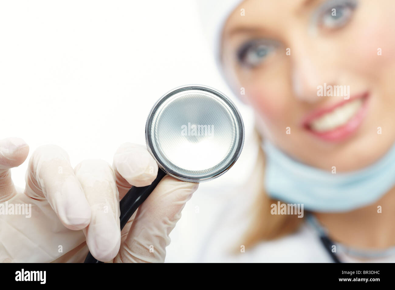 Close-up photo of the stethoscope in the hand of female doctor. Focus ...