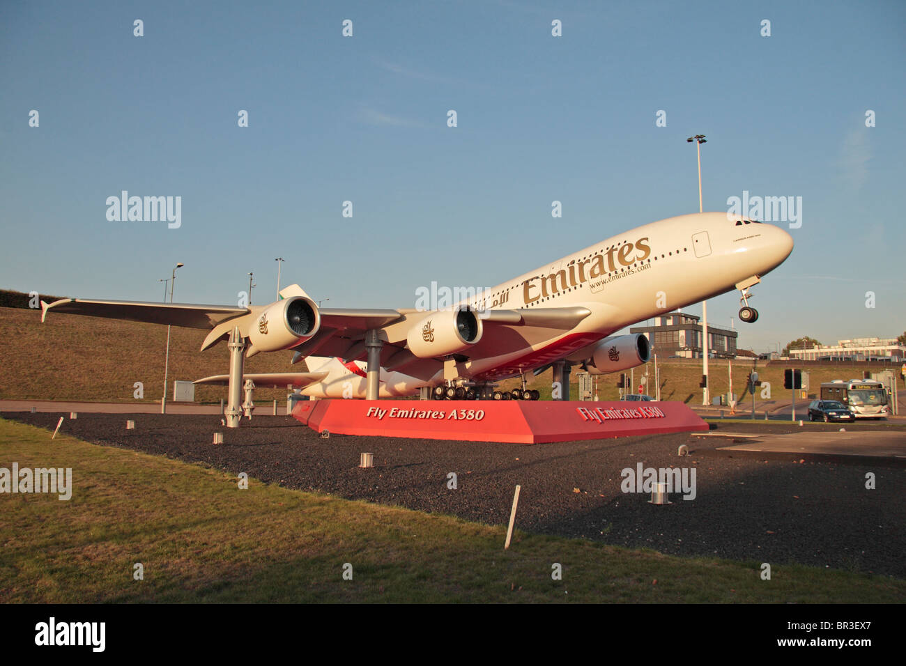 A model of the Airbus A380 on a roundabout close to London Heathrow ...