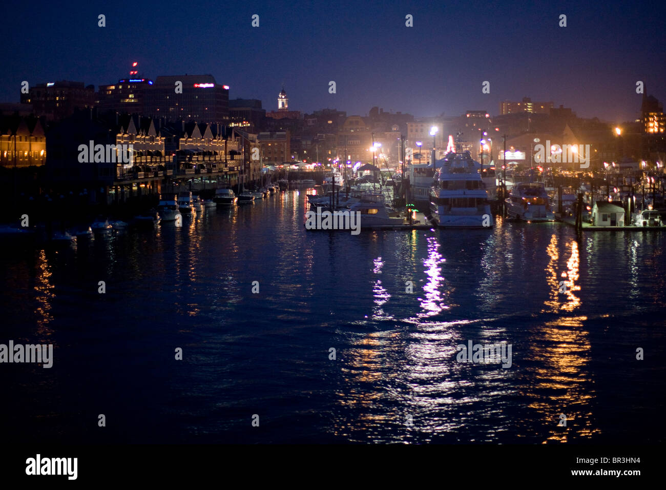 Portland's Old Port district seen at dusk from a ship arriving in ...