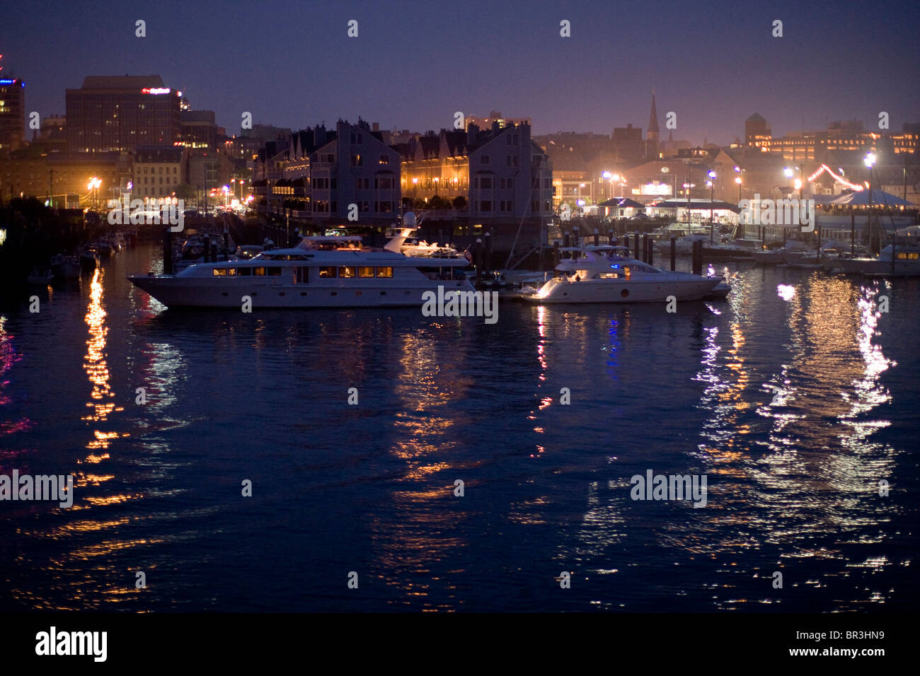 Portland's Old Port district seen at dusk from a ship arriving in ...