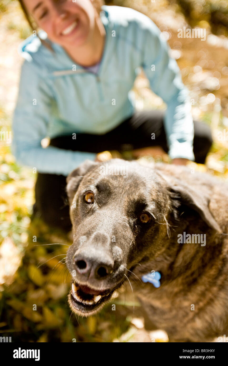 A women and her dog taking a break while trail running Stock Photo - Alamy