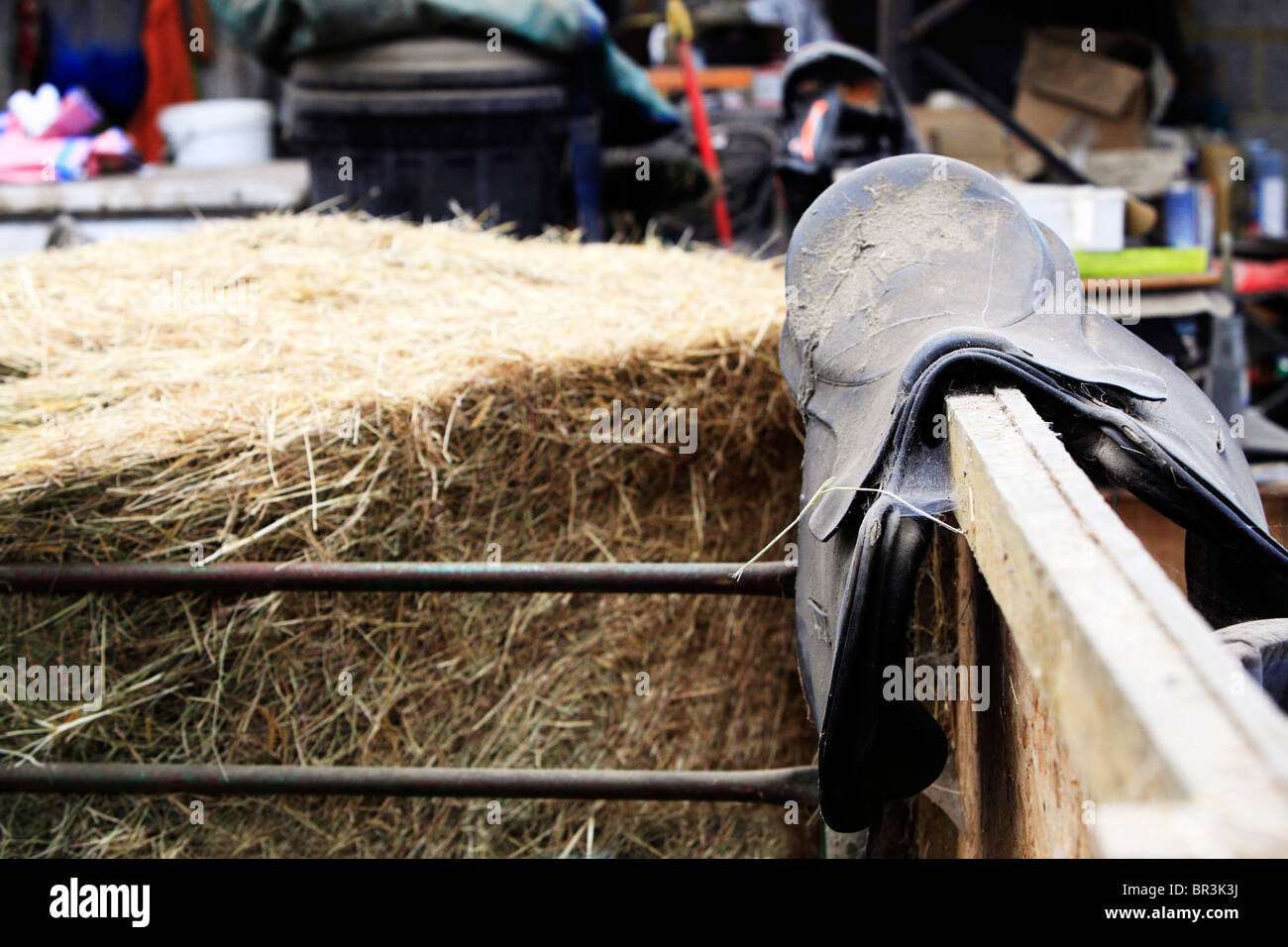 An old dusty saddle in a stable Stock Photo - Alamy