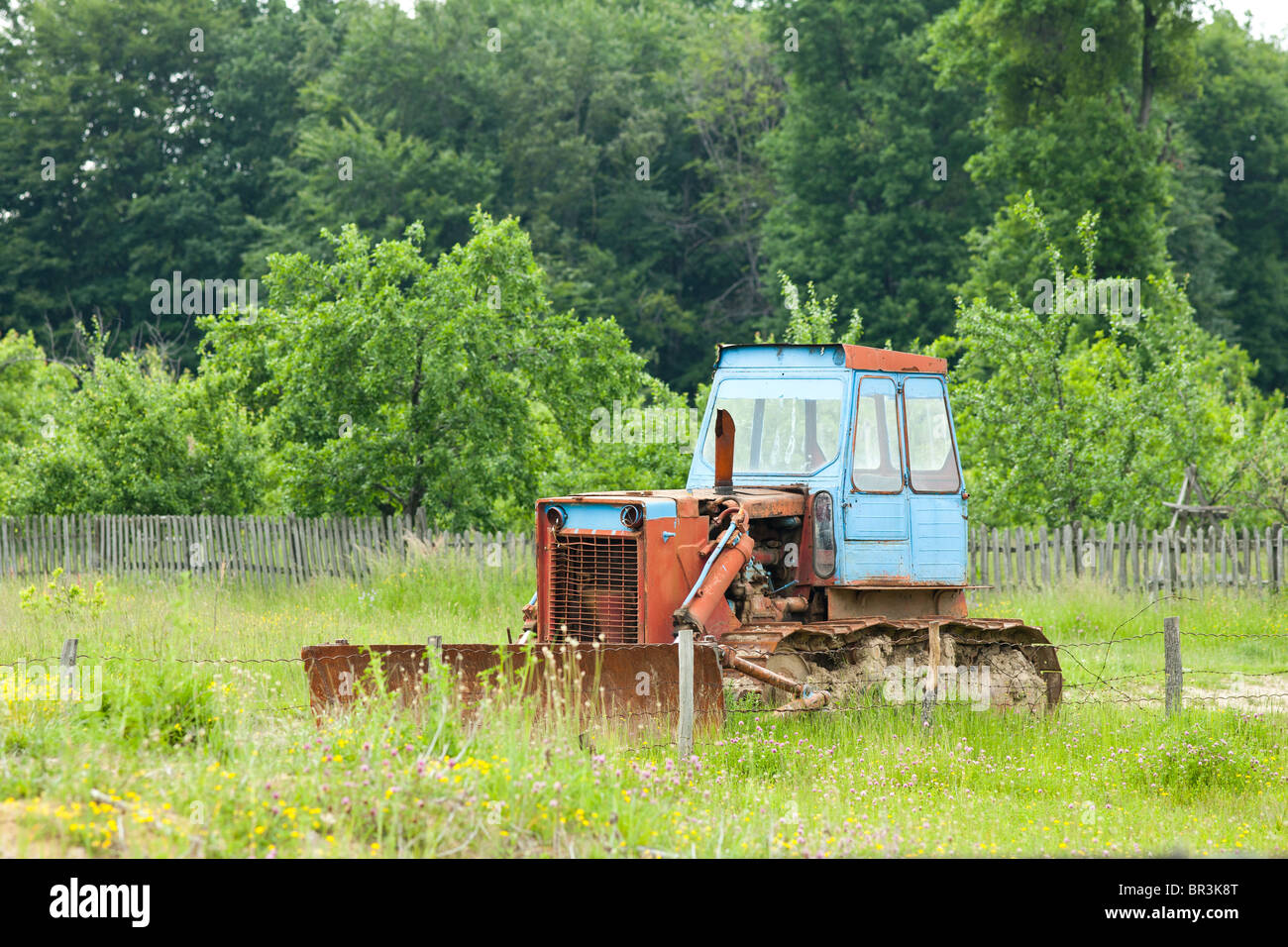 Old rusty bulldozer abandoned in a grass field near the forest Stock ...