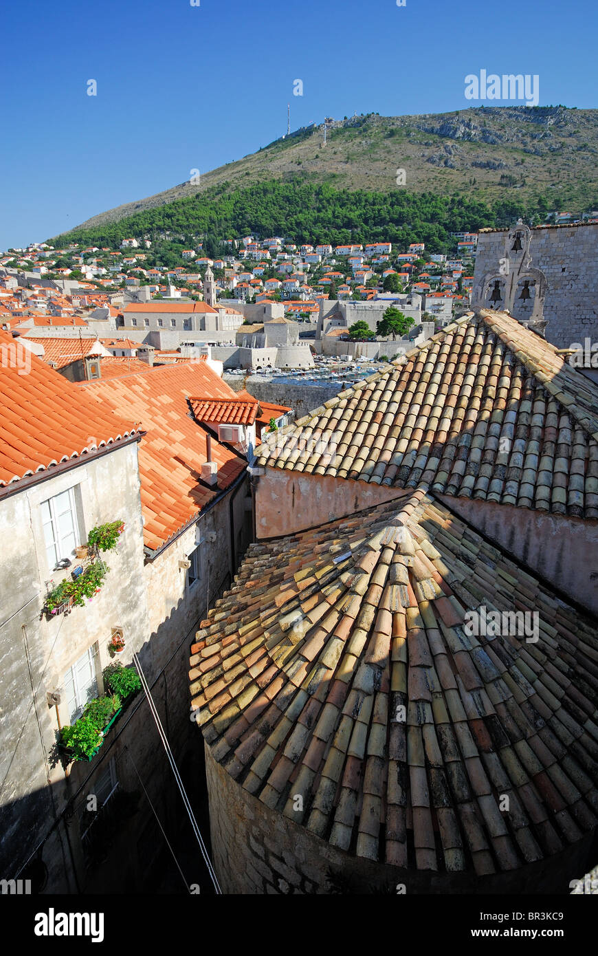 Dubrovnik Croatia old town rooftop view with Mount Srd behind. 2010 ...