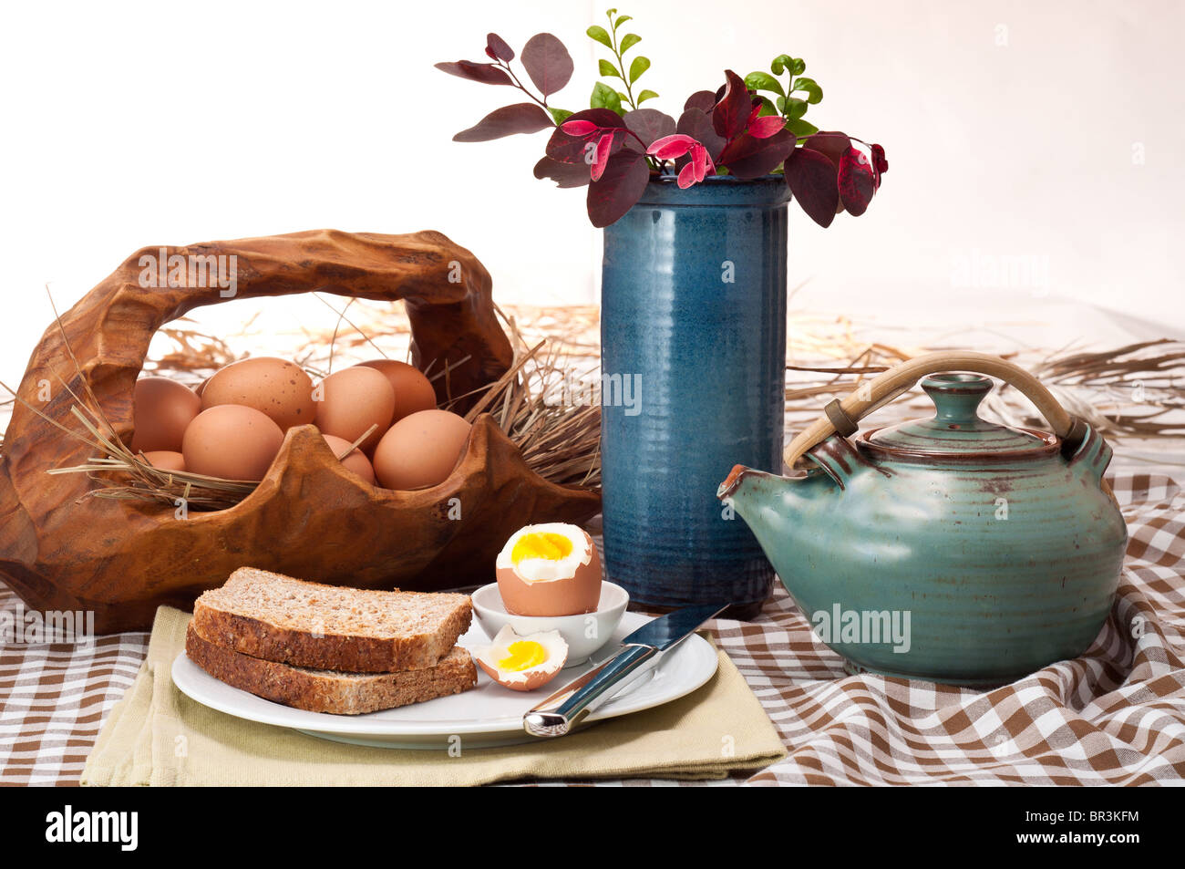 Beautiful breakfast table layout with boiled egg, toast and tea Stock ...