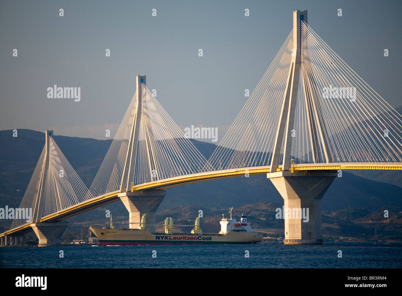 A view of the Rio-Antirio Bridge from atop a ferry near Patras, Greece ...