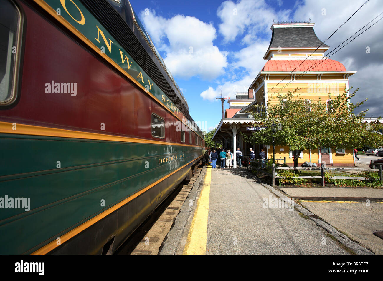 The North Conway Scenic railroad prepares to depart from the station in ...
