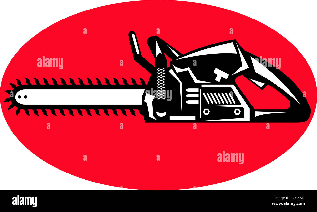 illustration or icon of a chainsaw side view set inside an oval or ...