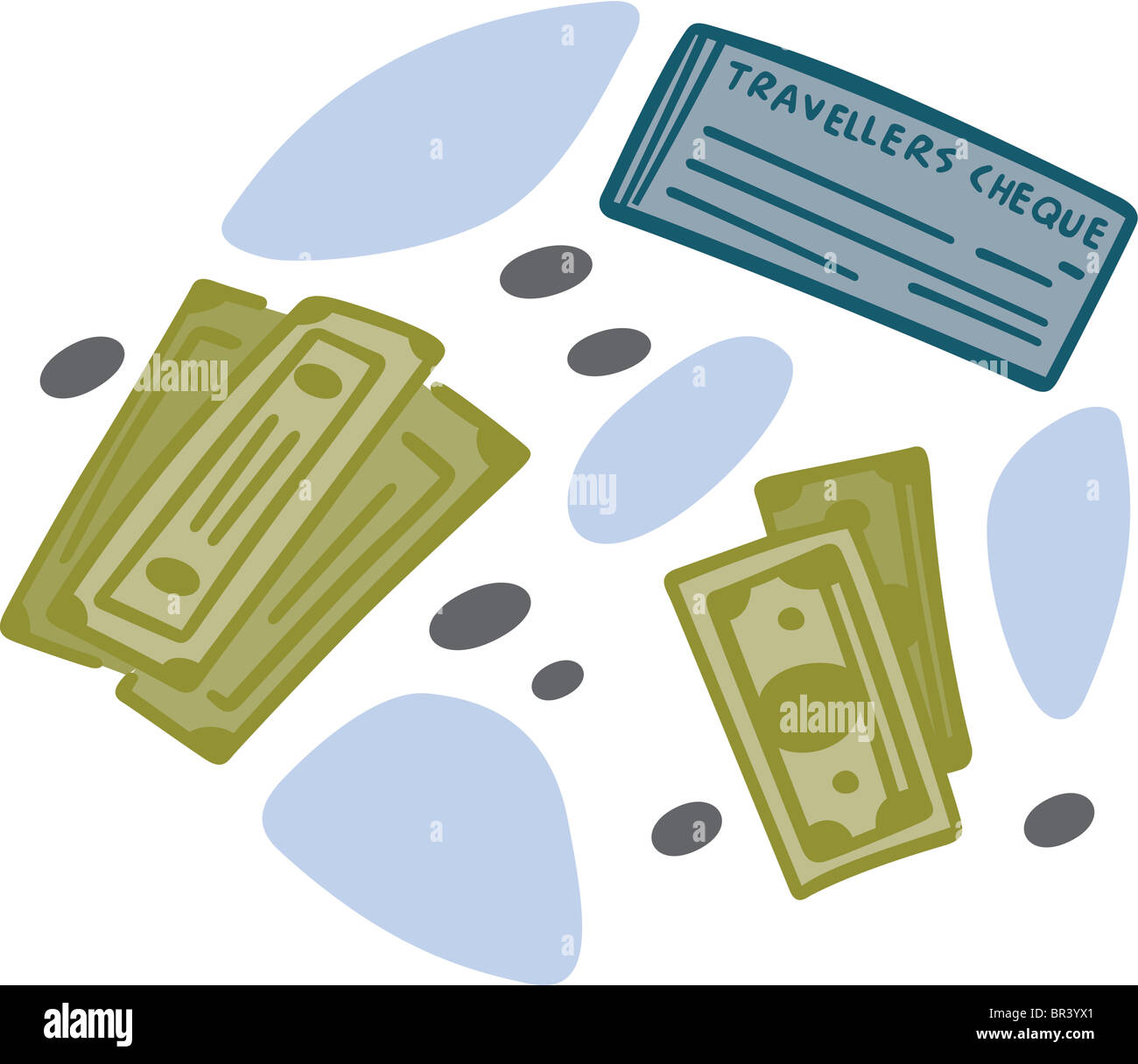 Travelers checks,money and coins Stock Photo - Alamy