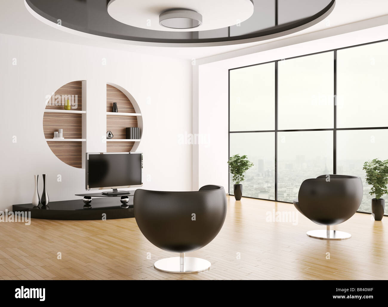 Interior of living room with armchairs and lcd 3d render Stock Photo ...