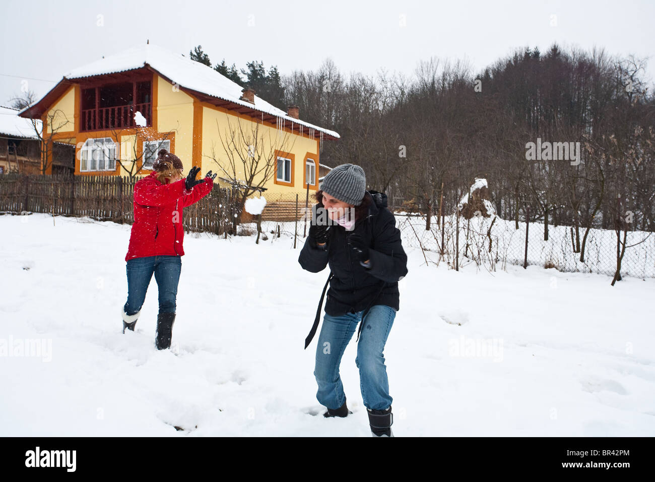 Two young ladies playing in snow with snowballs Stock Photo - Alamy