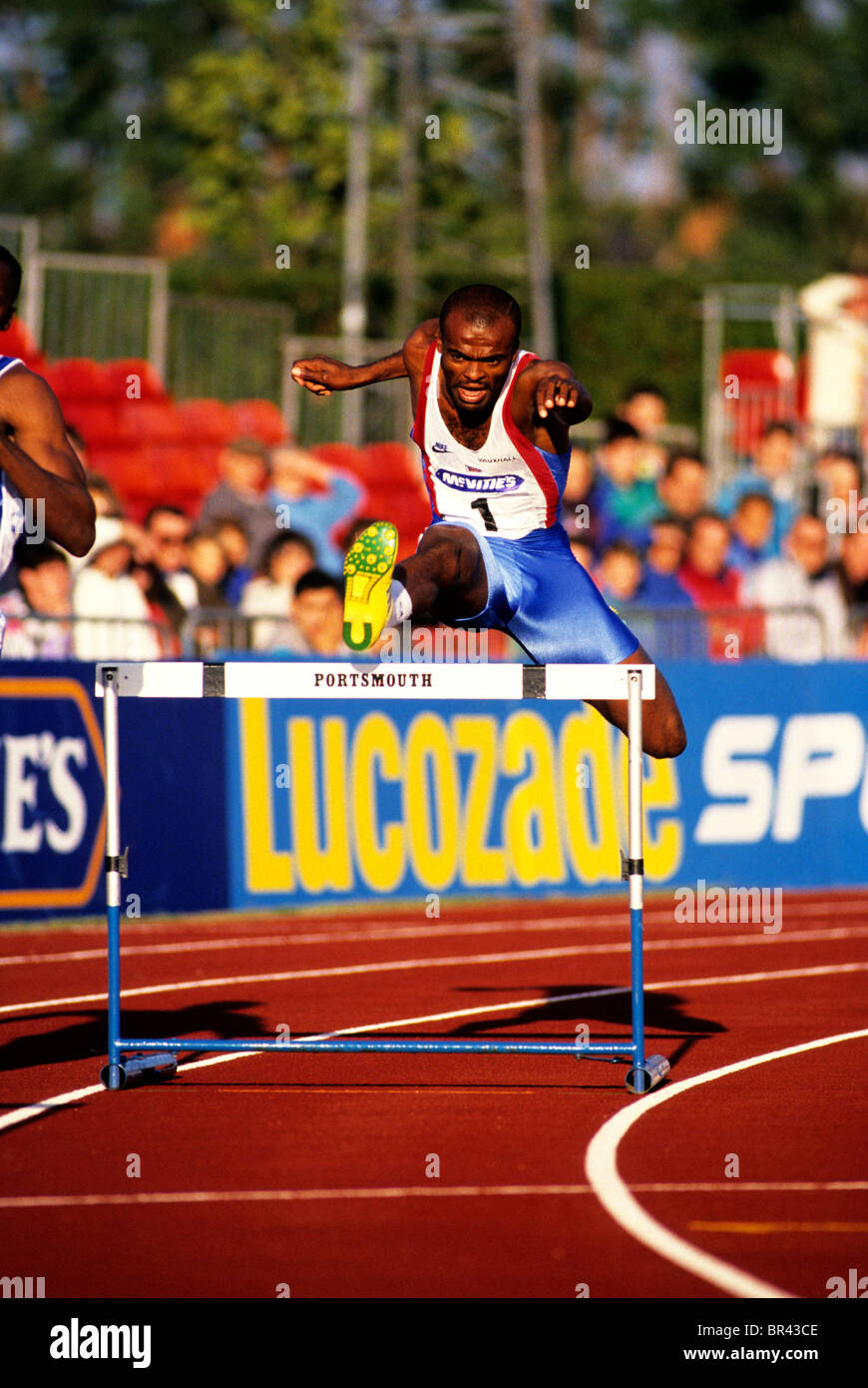 British athlete Kriss Akabusi competing at Portsmouth circa 1990 Stock ...