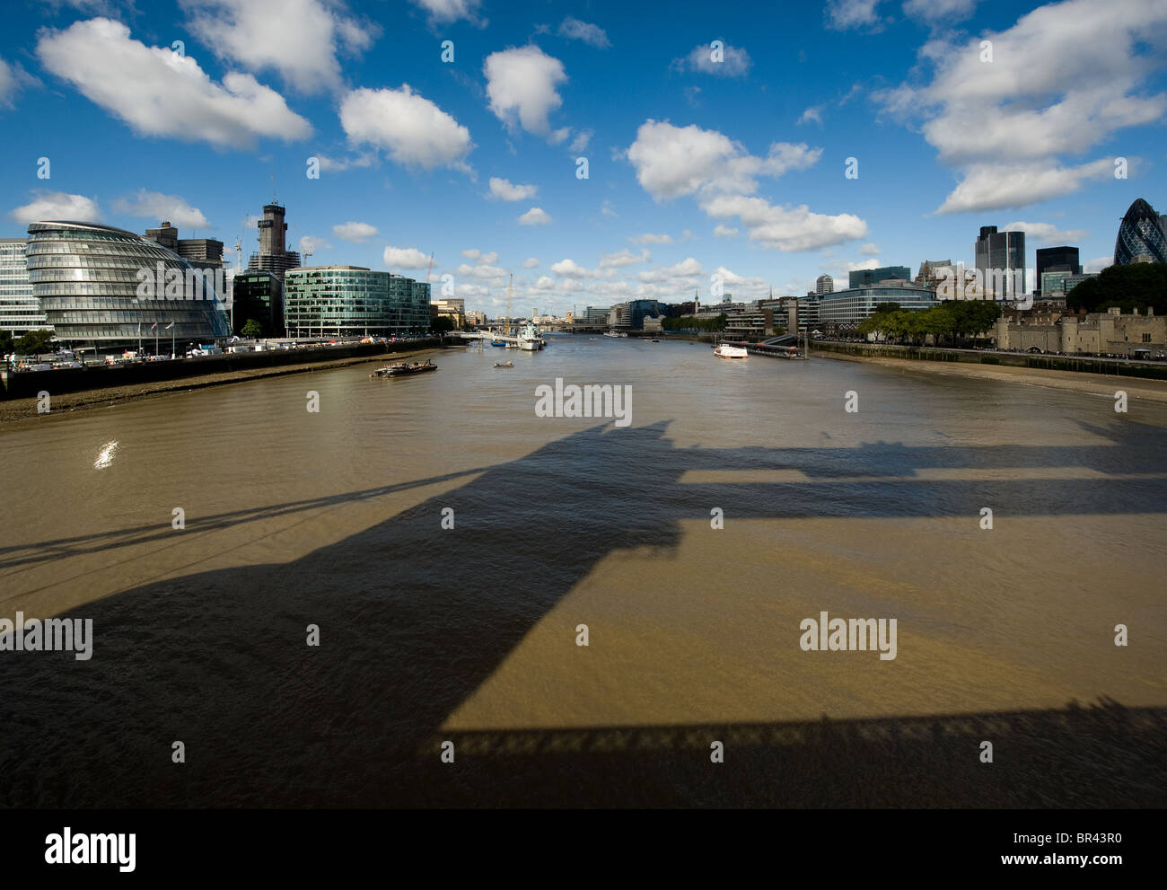 The shadow of Tower Bridge cast over the River Thames in London Stock ...