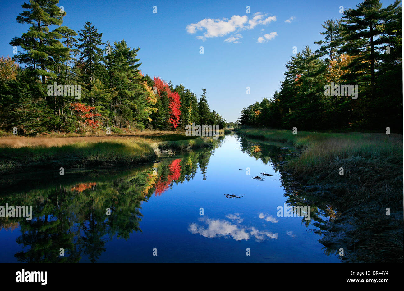 The Hancock River reflects Fall colors in Autumn Stock Photo - Alamy