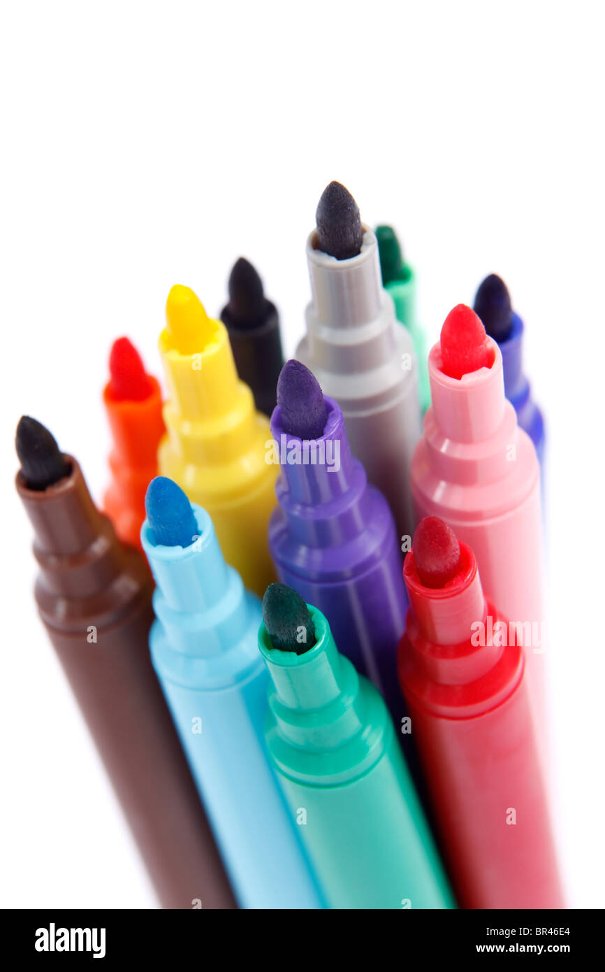 Colorful markers on white background. With beautiful vibrant colors ...