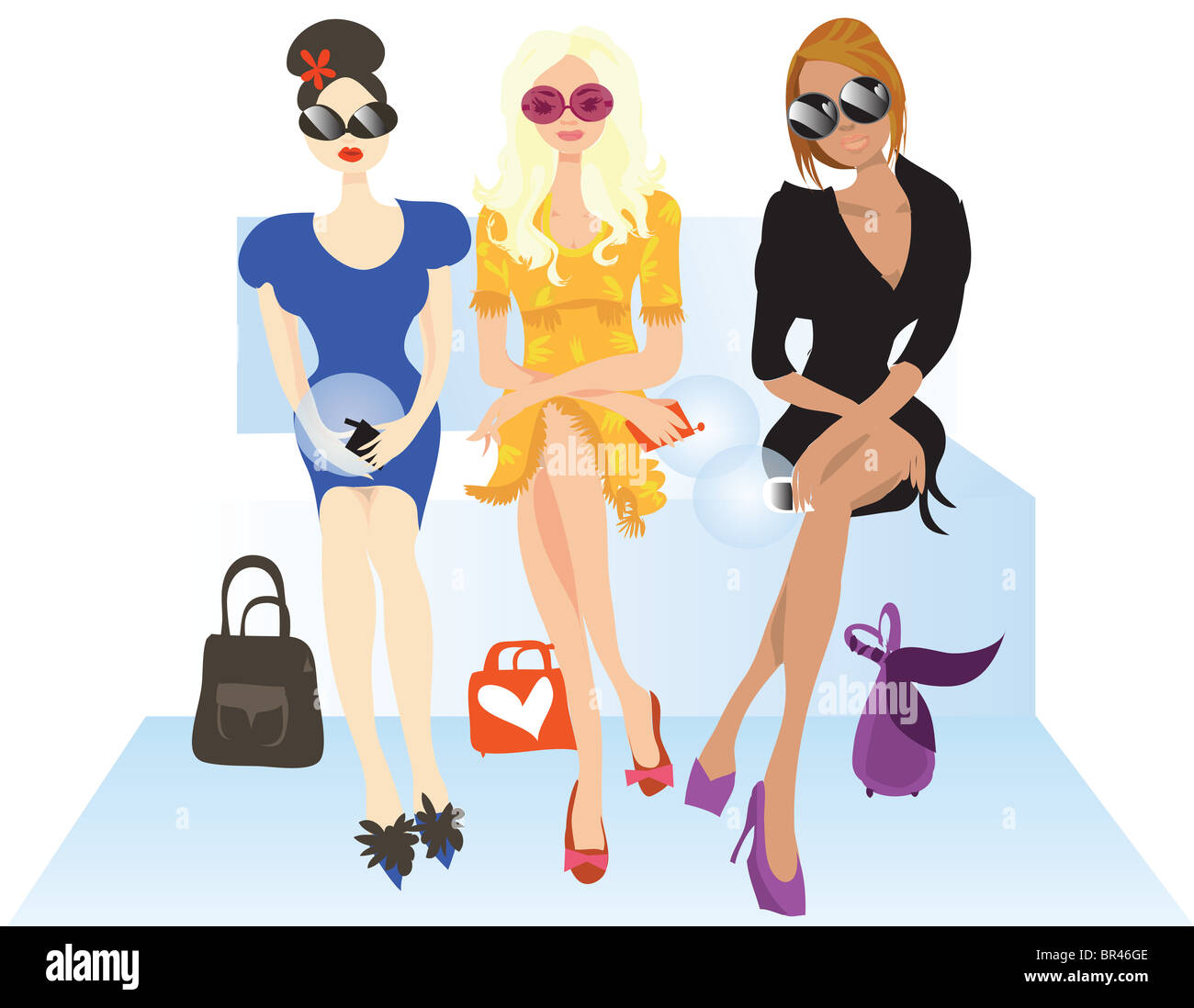 Three fashionable seated women holding their personal digital ...