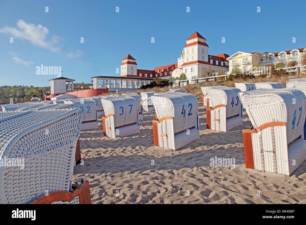 Beach with beach chairs and sanatorium in Binz, Ruegen, Germany Stock ...