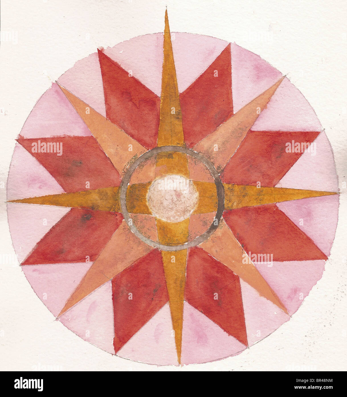 A painting on textured paper of a compass in shades of pink and orange ...