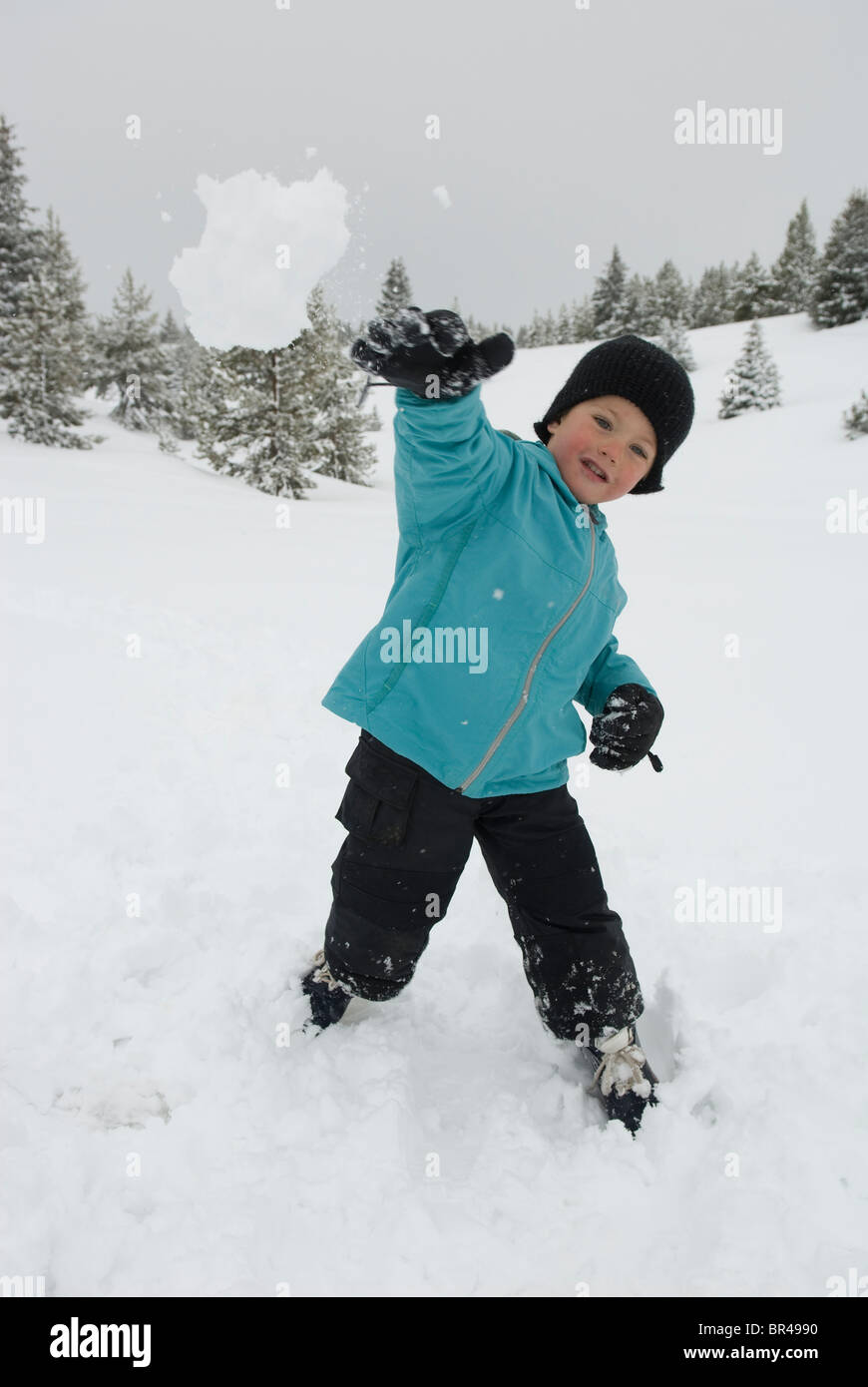 boy throwing snowball, San Juan National Forest, Colorado Stock Photo ...