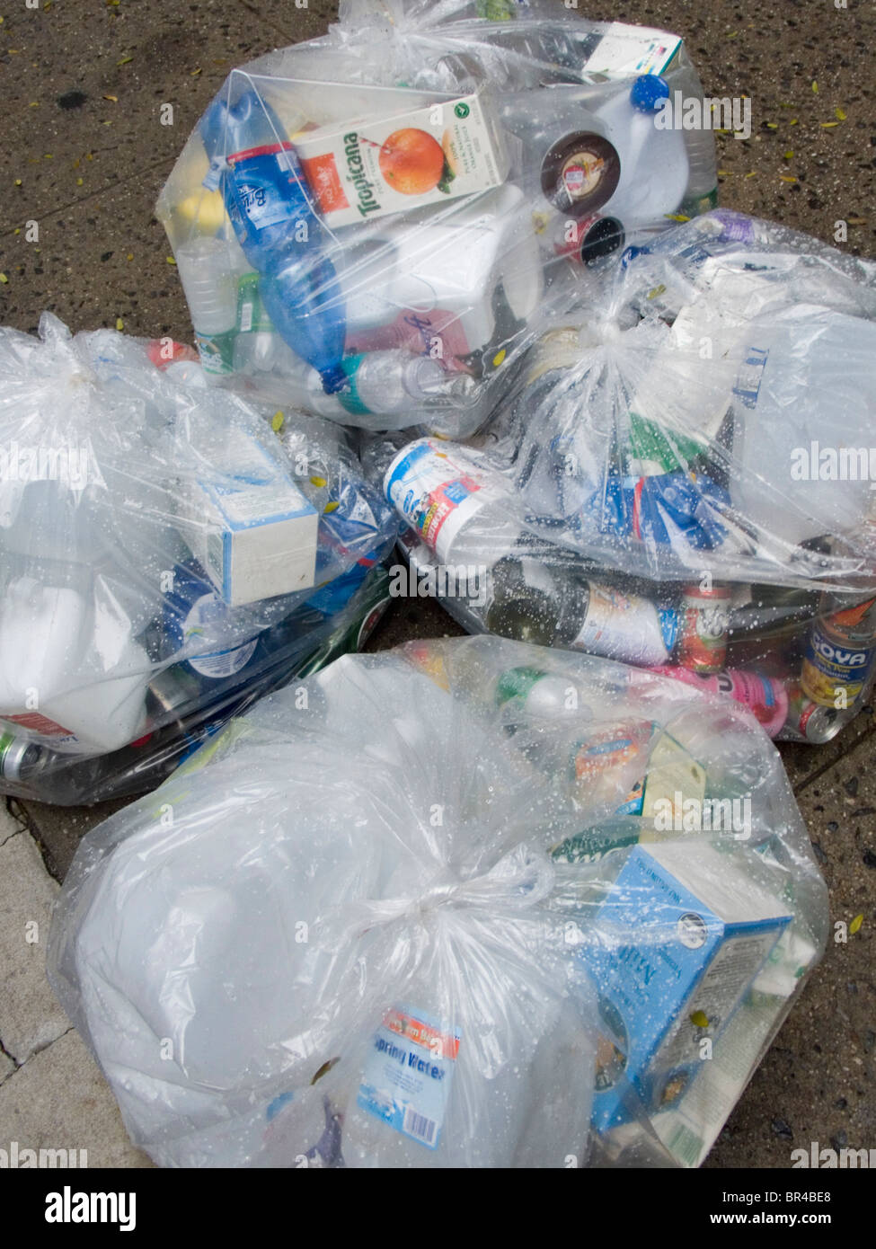 Recycling material bagged for collection outside residential building ...