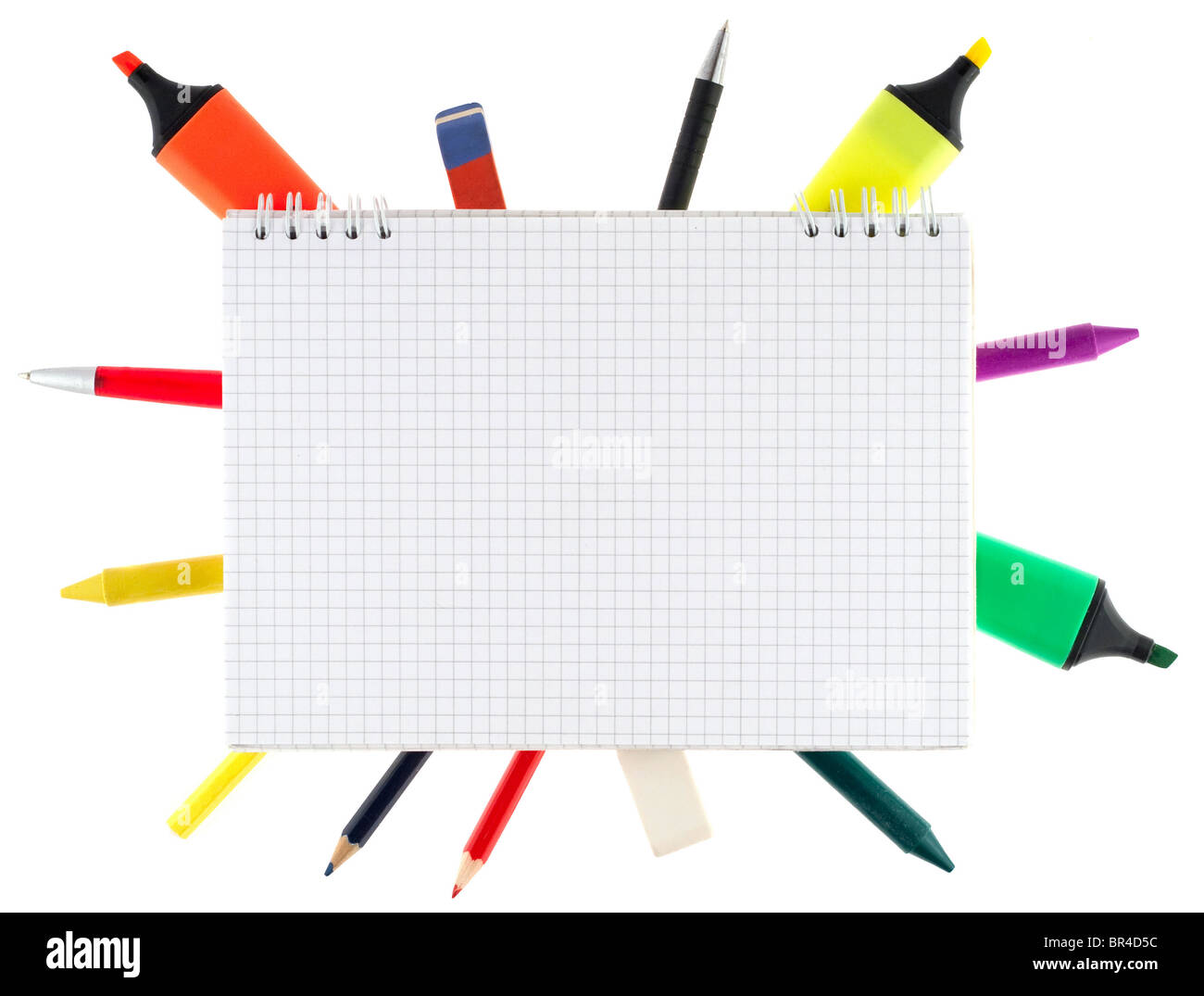 Notepad with stationary objects on white background Stock Photo - Alamy