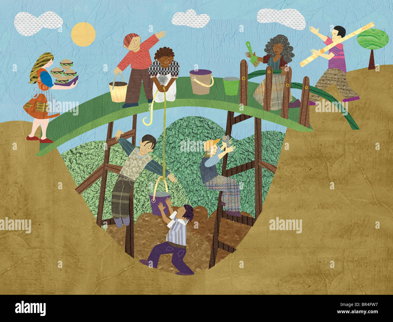 An illustration of a group of people building a bridge Stock Photo ...