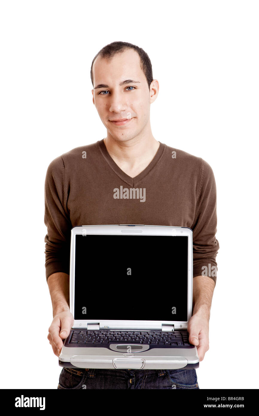 Young man showing a work presentation on the laptop, isolated on white ...