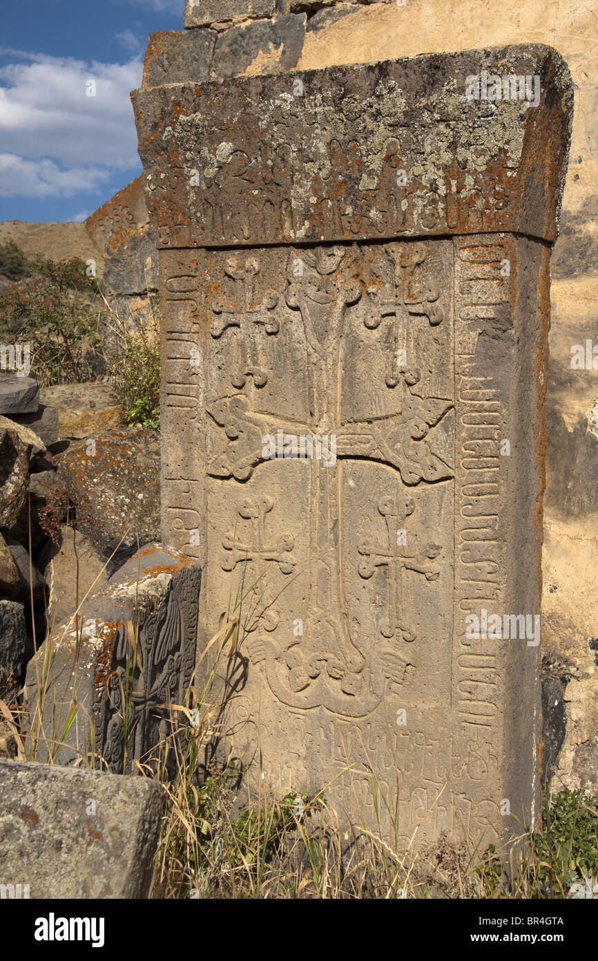 Cross-stone in medieval cemetery, Armenia Stock Photo - Alamy