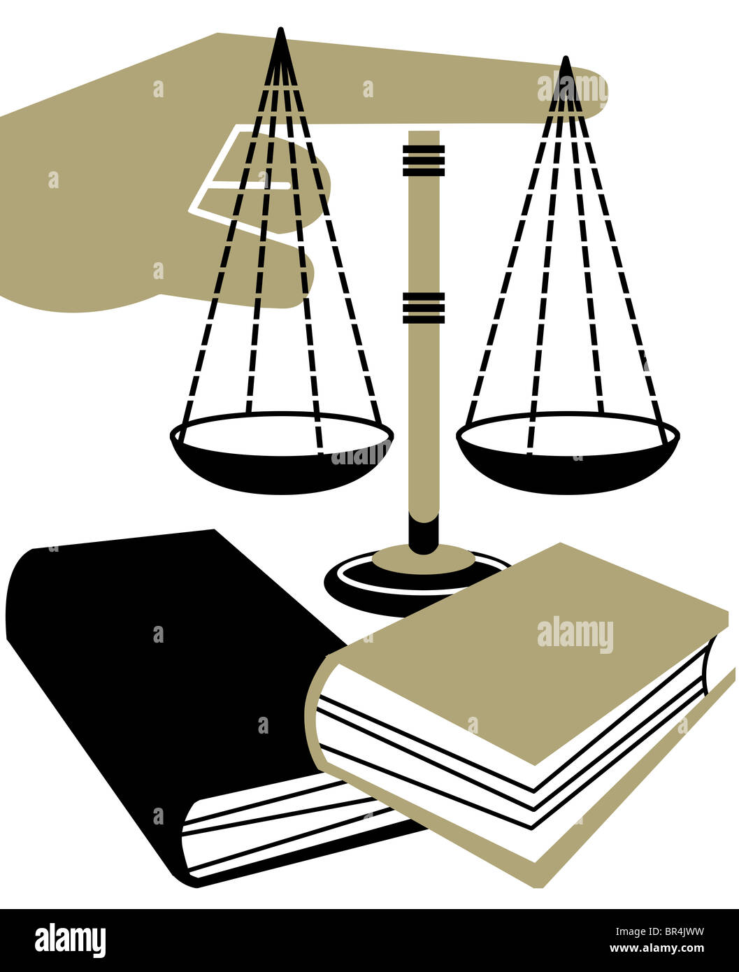 A montage illustration of a hand pointing, books and the Scales of ...