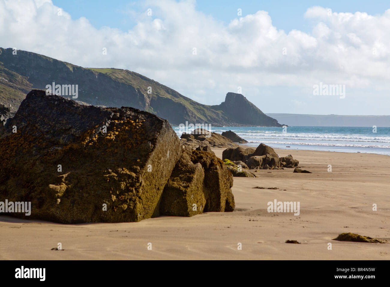 Newgale sandy beach with blue sky in summer, Pembrokeshire Wales ...