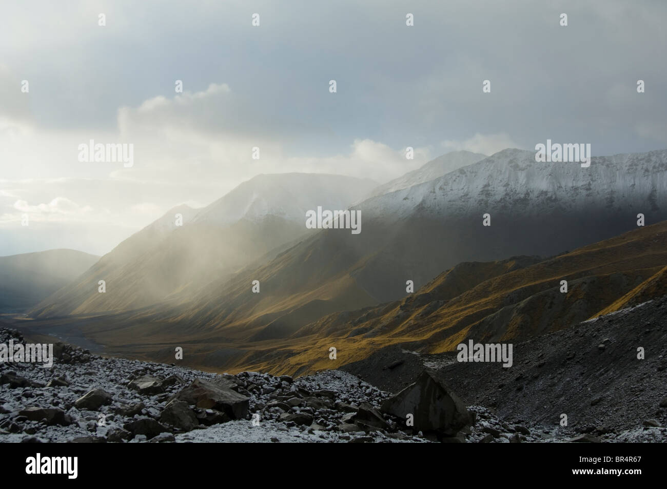 New Zealand, South Island, Arrowsmith Range. View of the South fork of ...