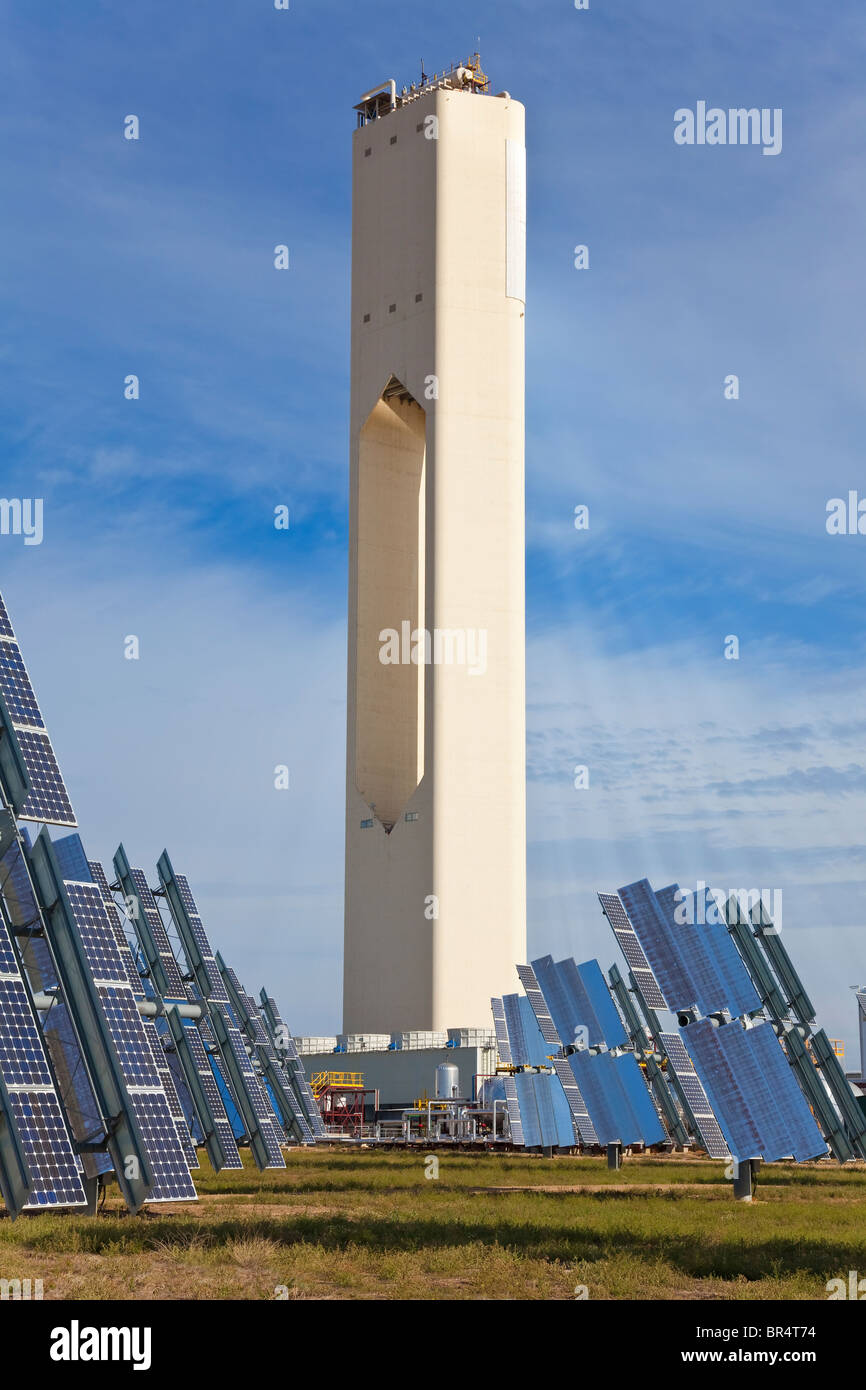 Solar tower in Andalucia, Spain with solar panels harnessing the sun's ...