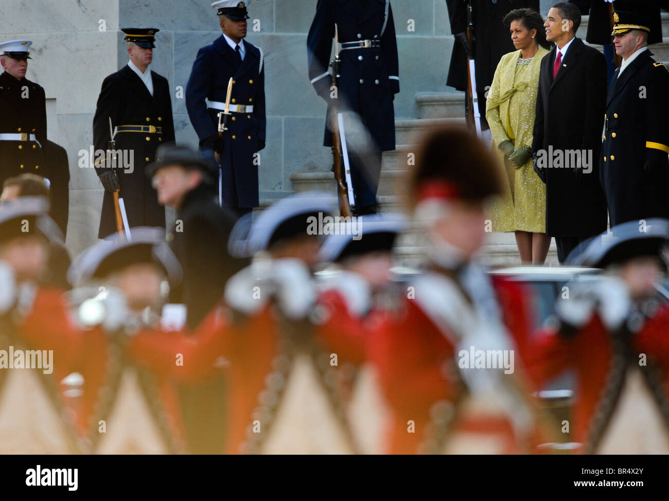 Obama reviews the troops during the Inauguration in Washington Stock ...
