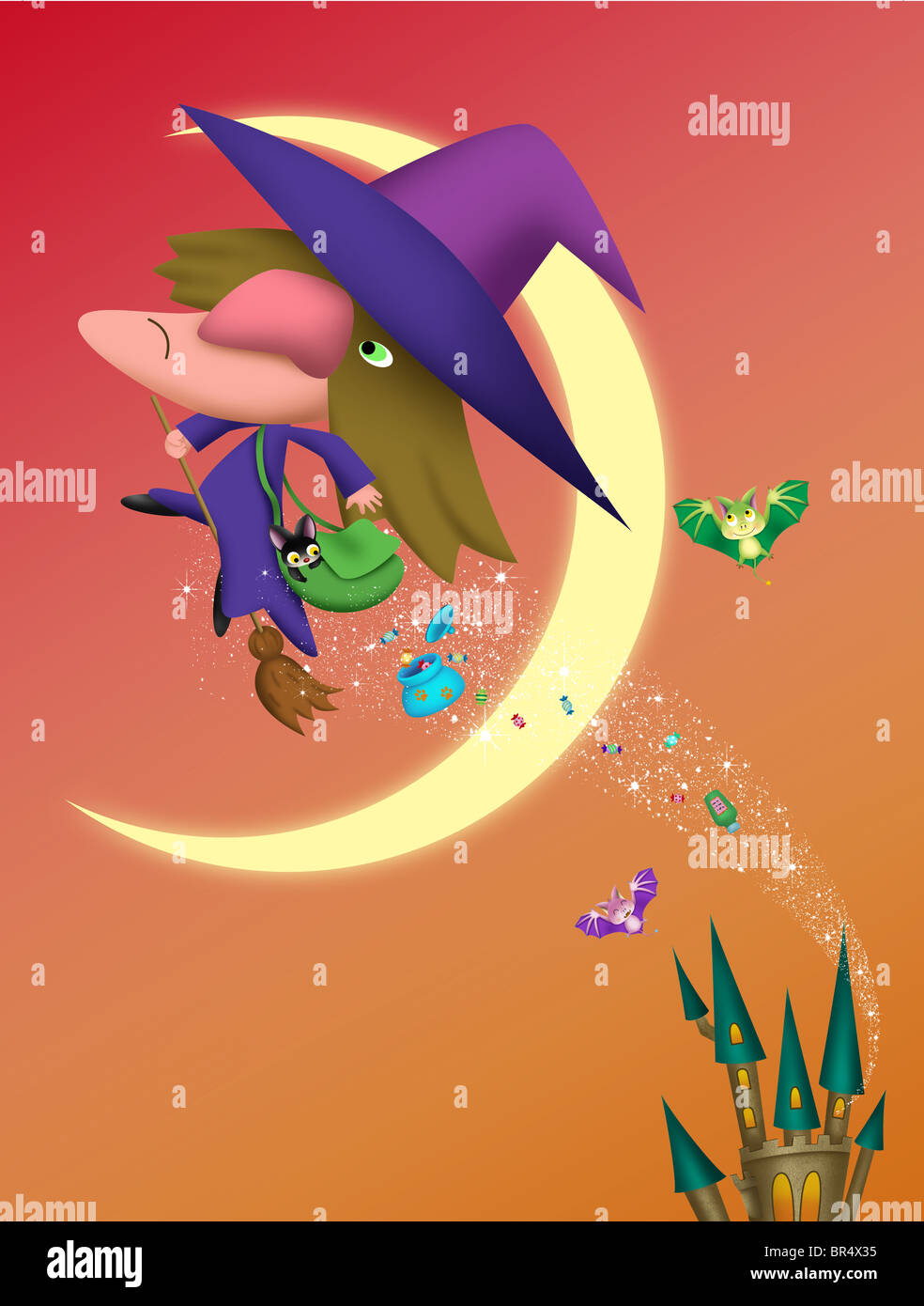 Witch flying over crescent moon Stock Photo - Alamy