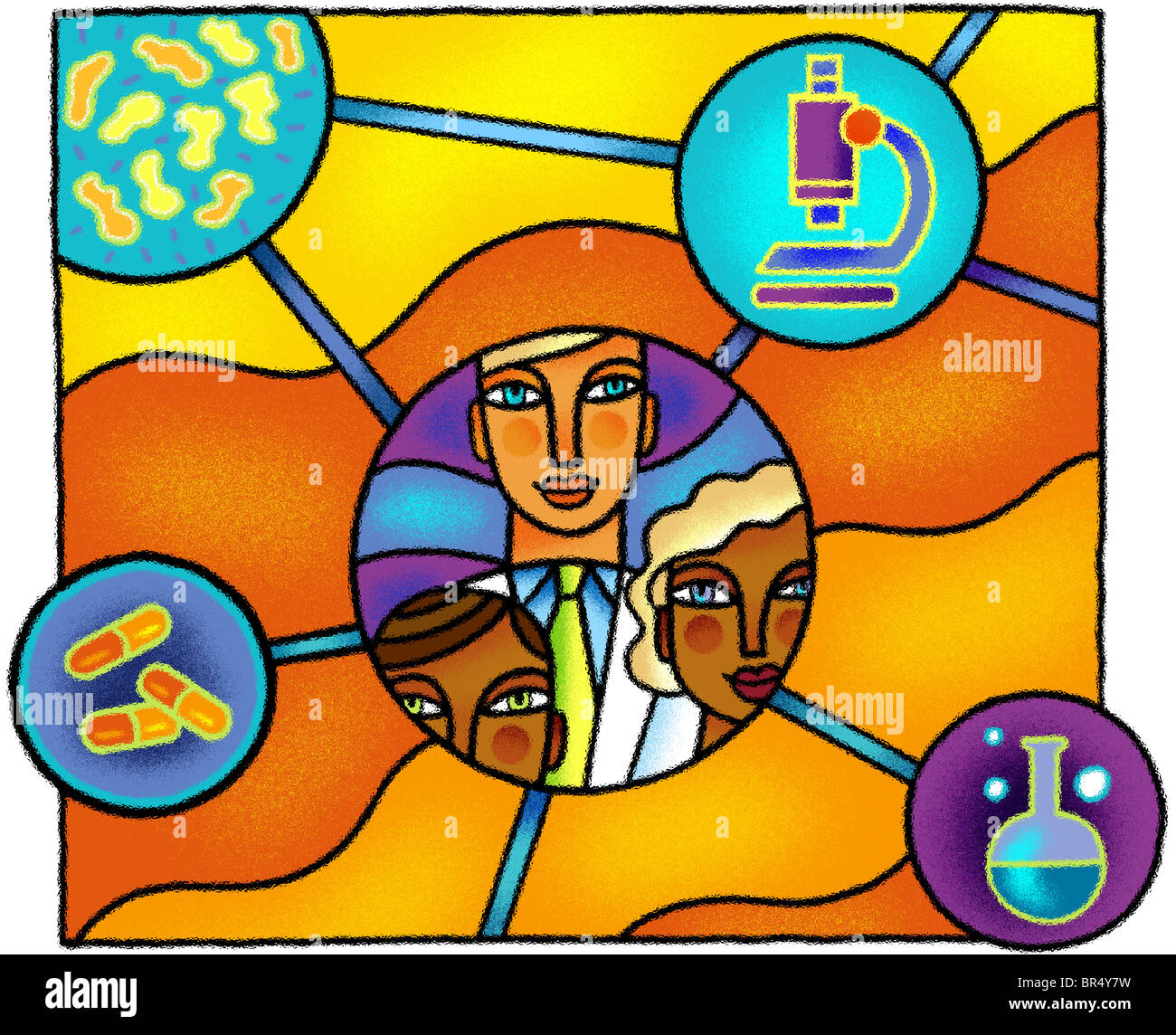 Medical researchers connected to pills, beakers, microscope and cells ...