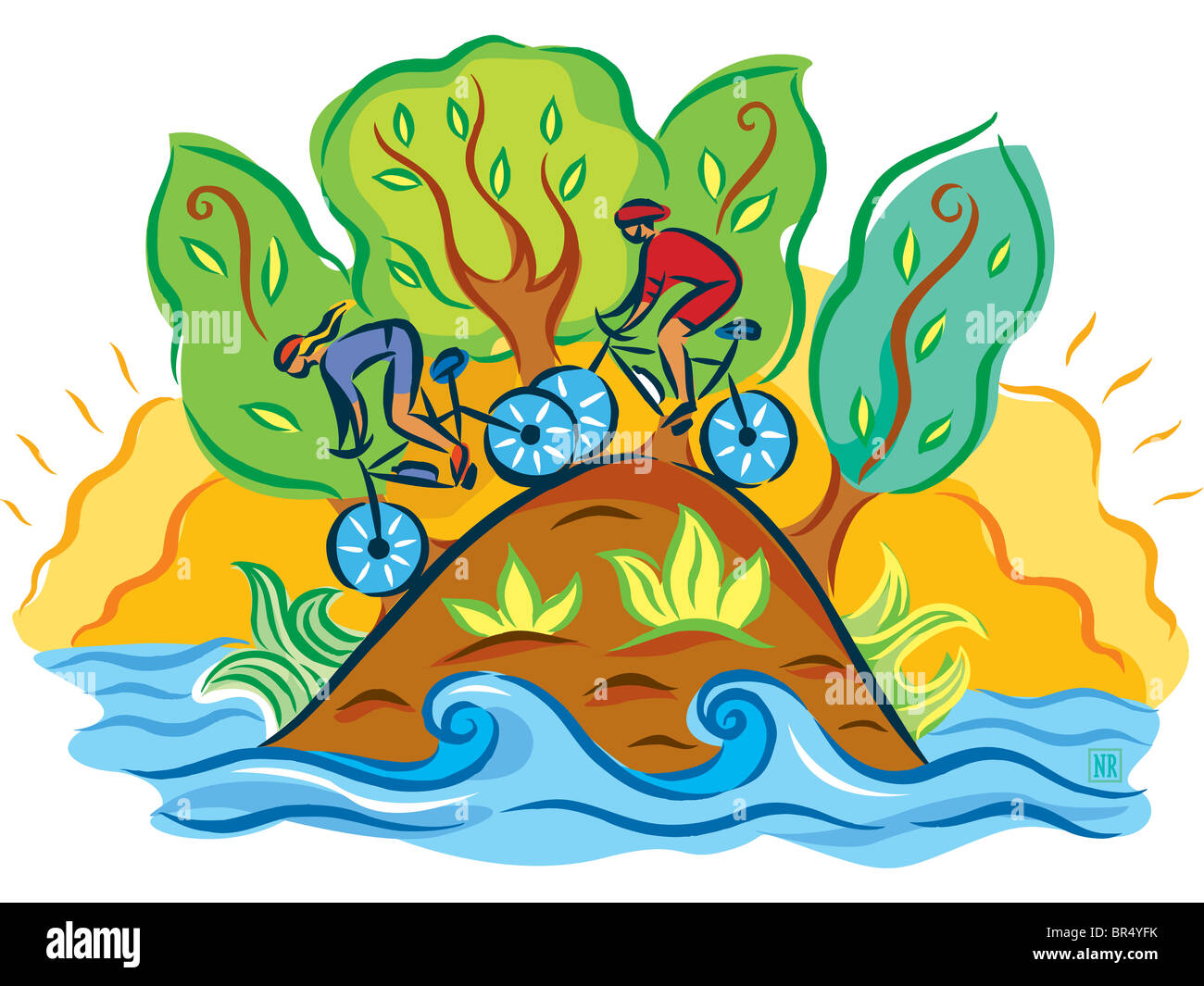 Two people riding their bikes through a trail in the forest Stock Photo ...