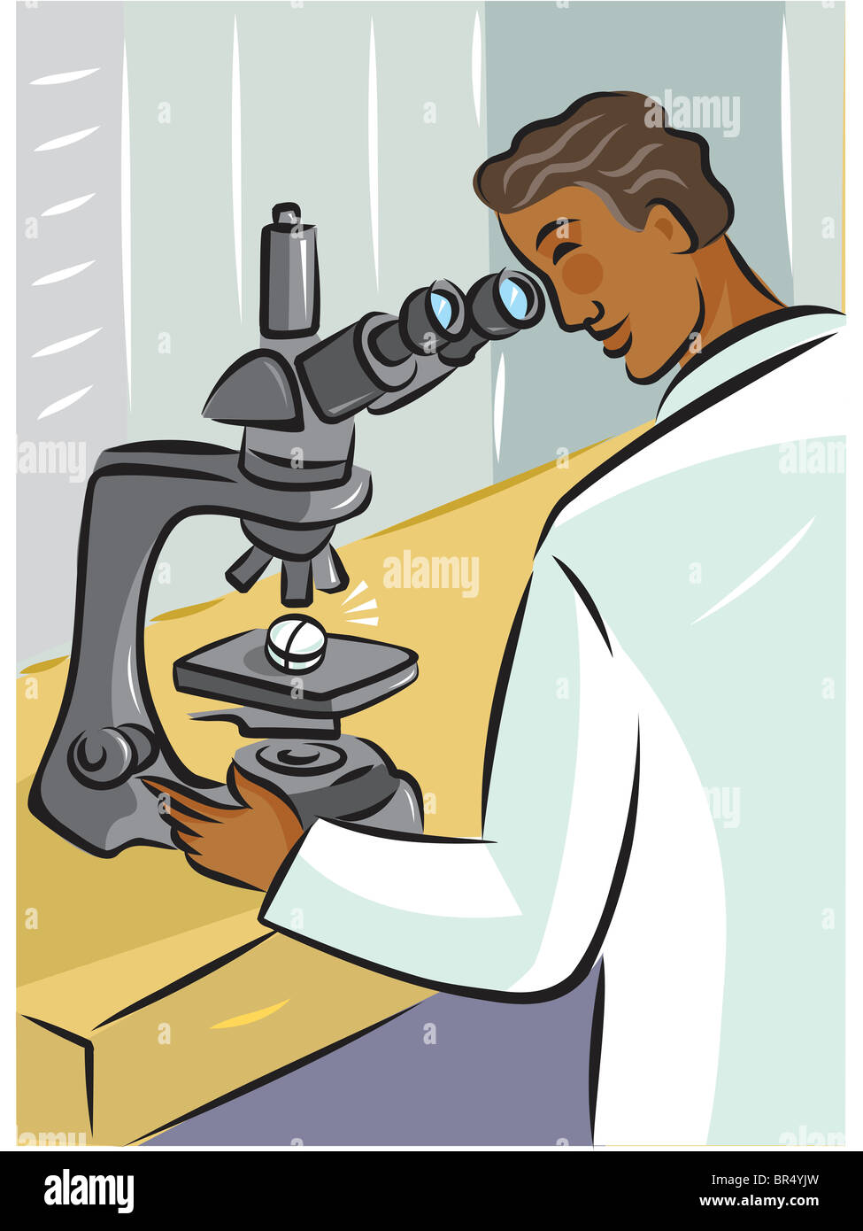 Rear view of a lab technician using a microscope to look at a pill ...